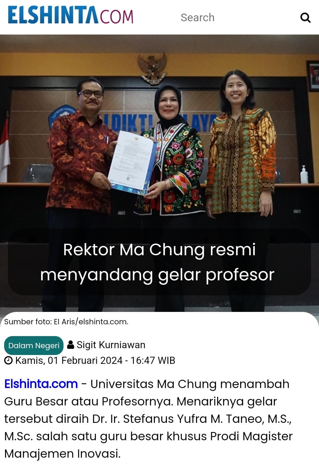 Rektor Ma Chung resmi menyandang gelar profesor - #1 Universitas Ma Chung