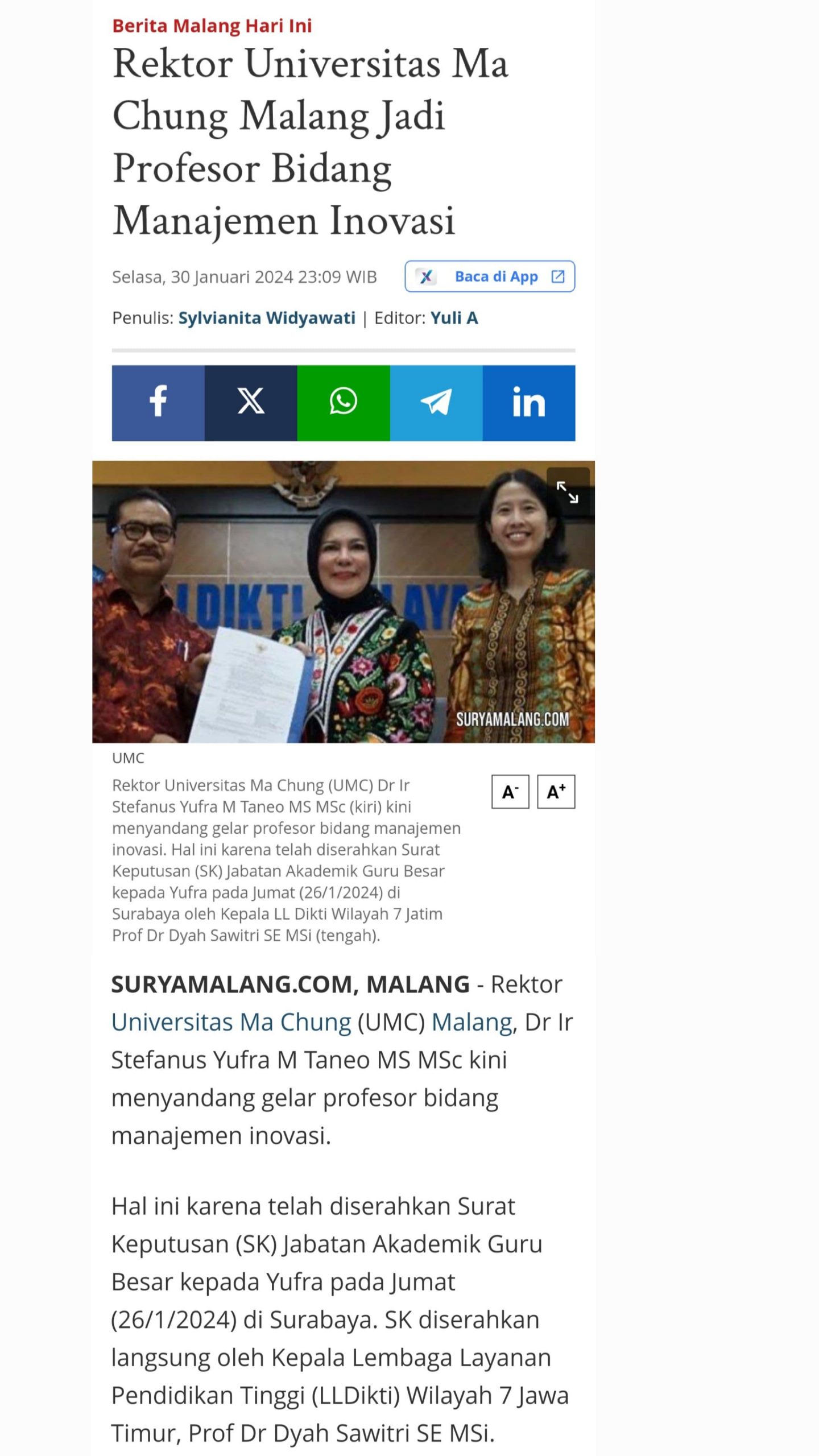 Rektor Universitas Ma Chung Malang Jadi Profesor Bidang Manajemen ...